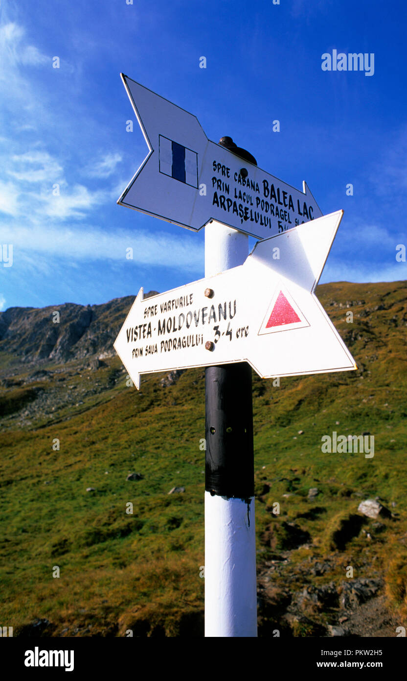 Sign for Mount Moldoveanu, the highest peak in Romania in the Fagaras ...