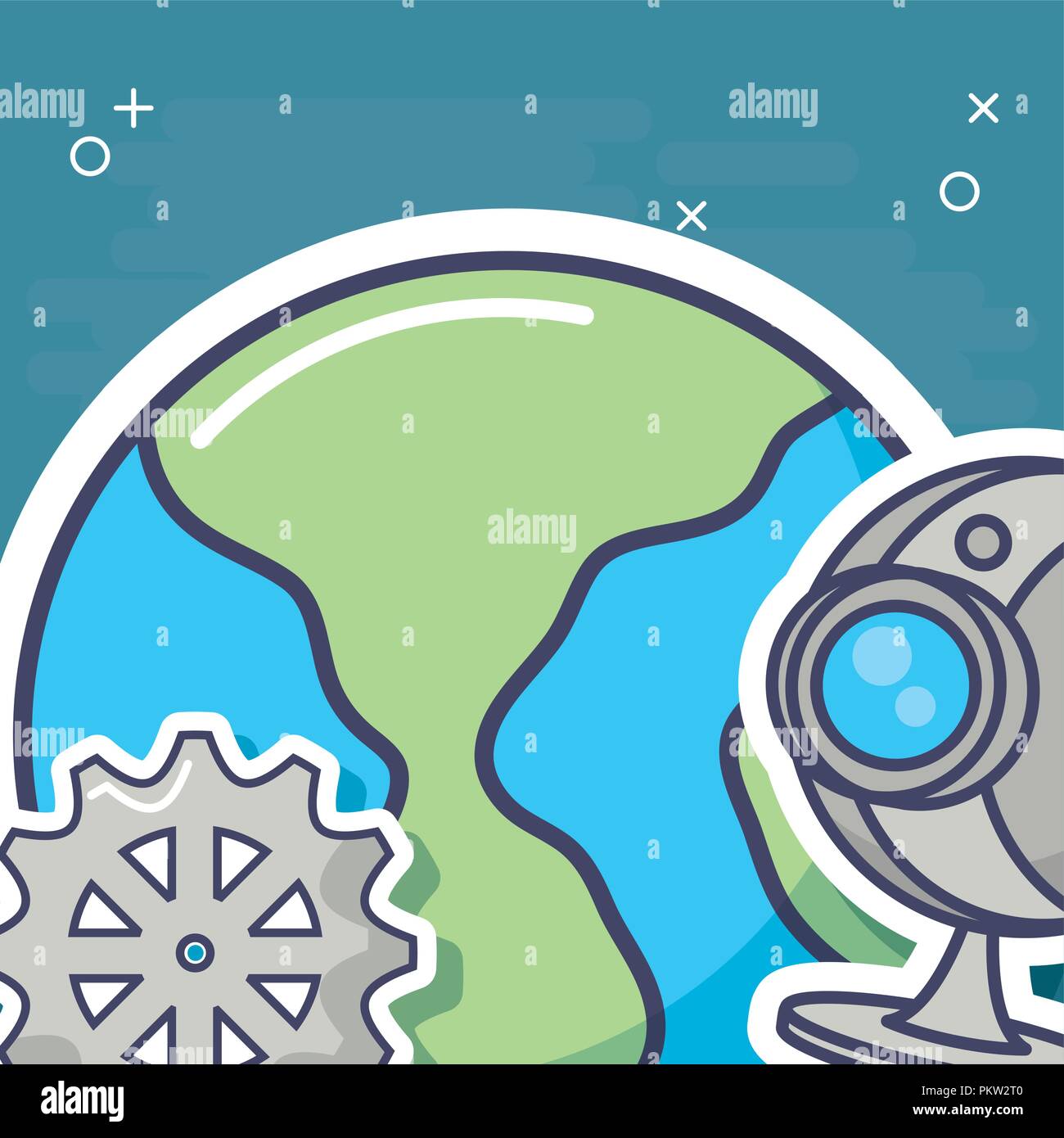 earth planet with gear wheel and web cam icon over blue background ...