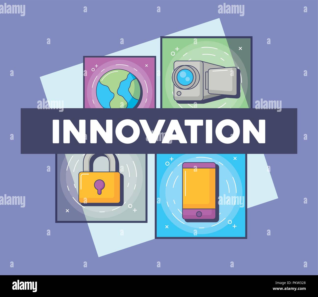 innovation and technology icon set over purple background, vector ...