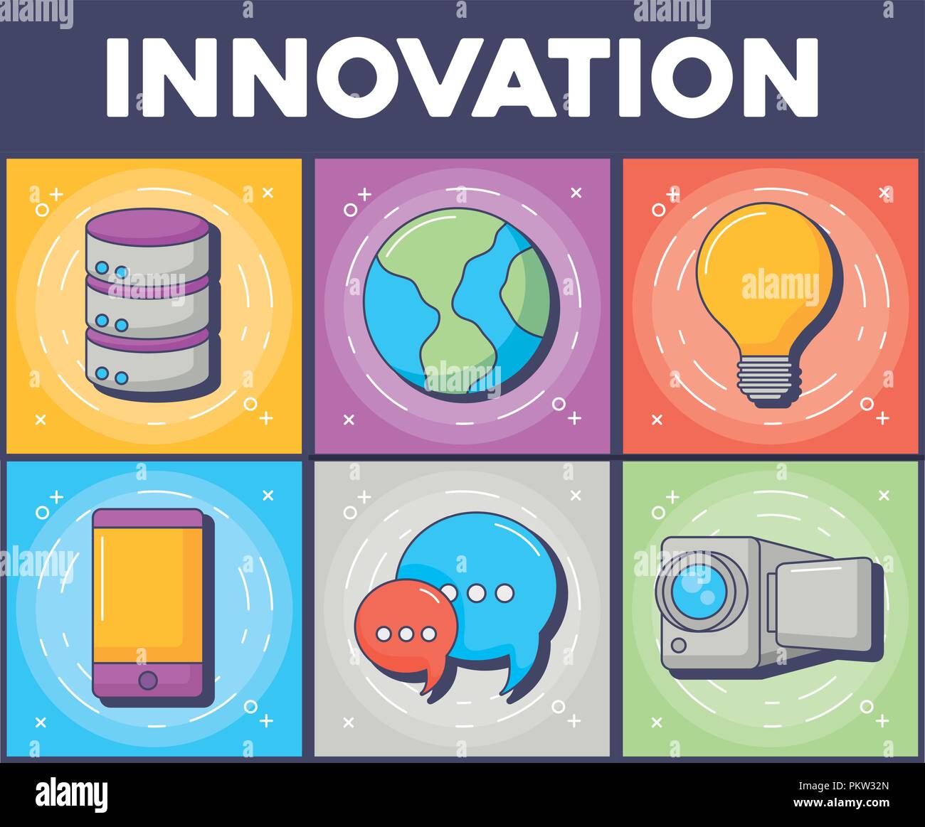 innovation and technology icon set over colorful squares background ...
