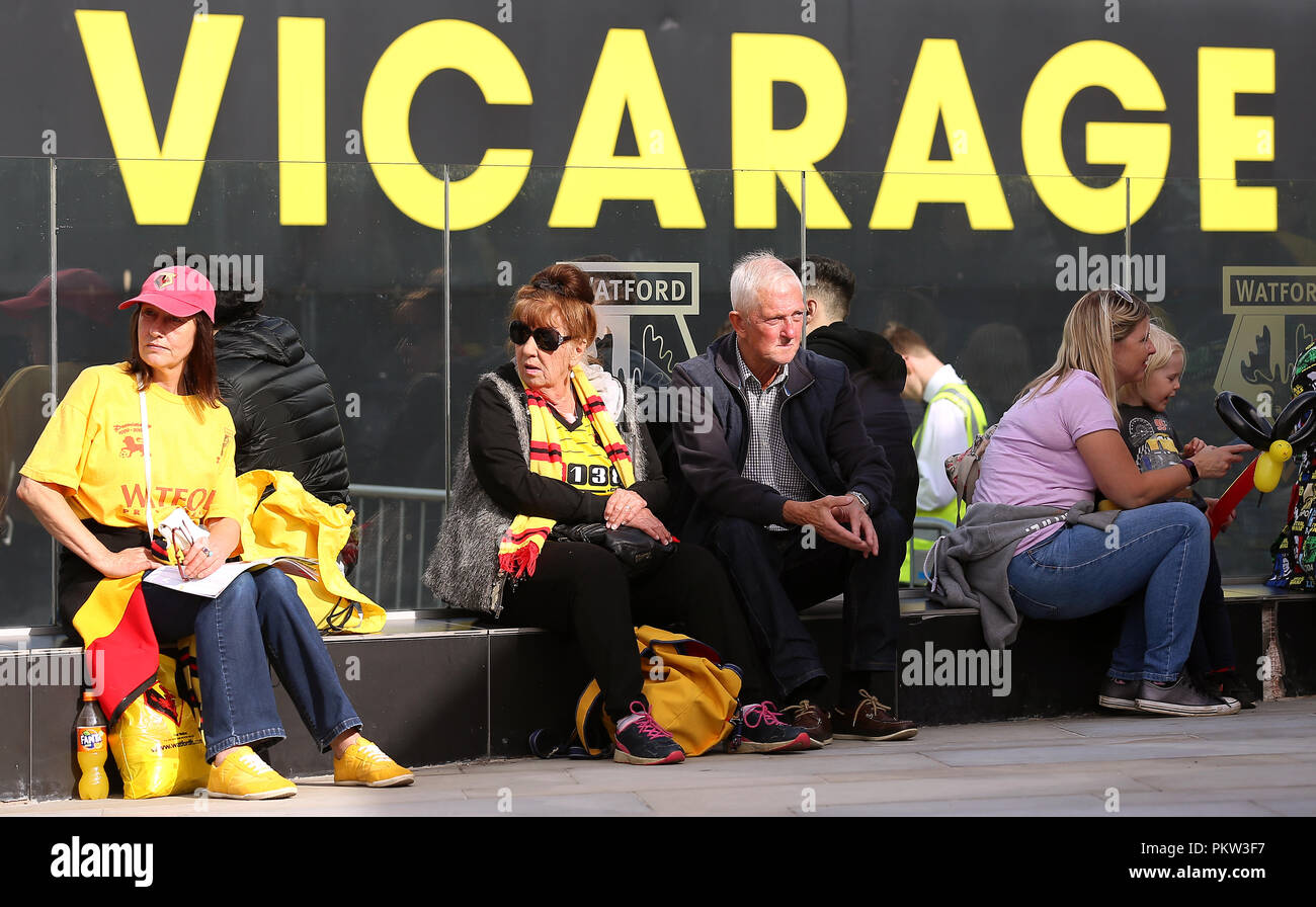Watford fans in front of a Welcome to Vicarage Road sign before the ...