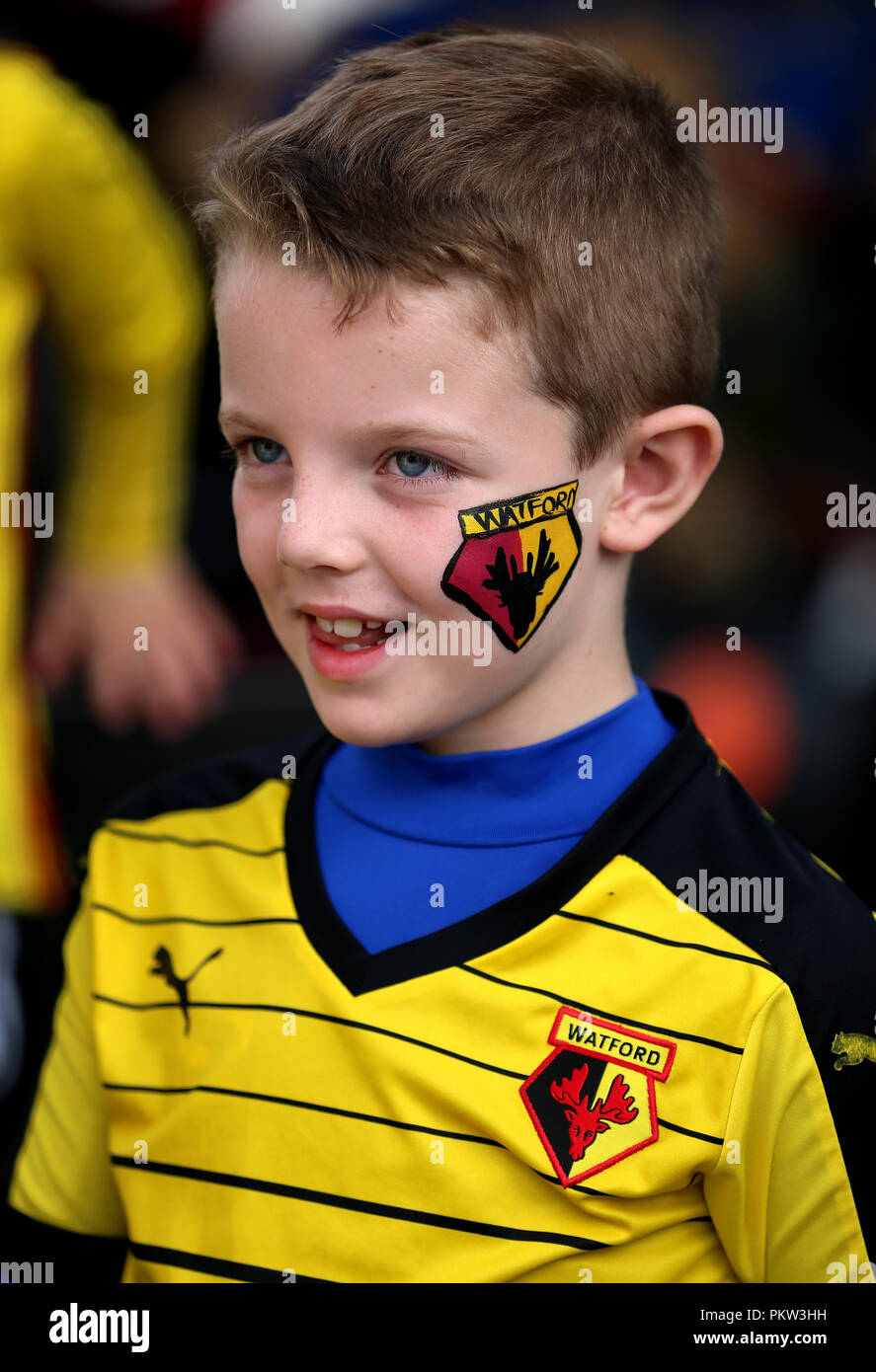 Watford fans have the club badge painted on their faces before the ...
