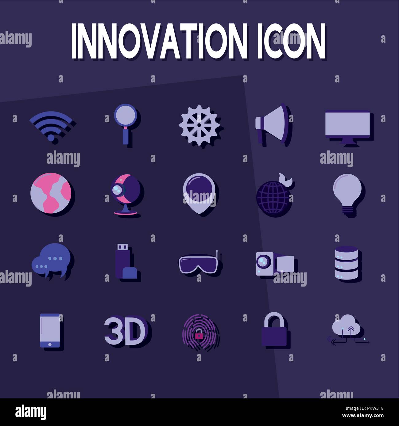 innovation and technology icon set over purple background, vector ...