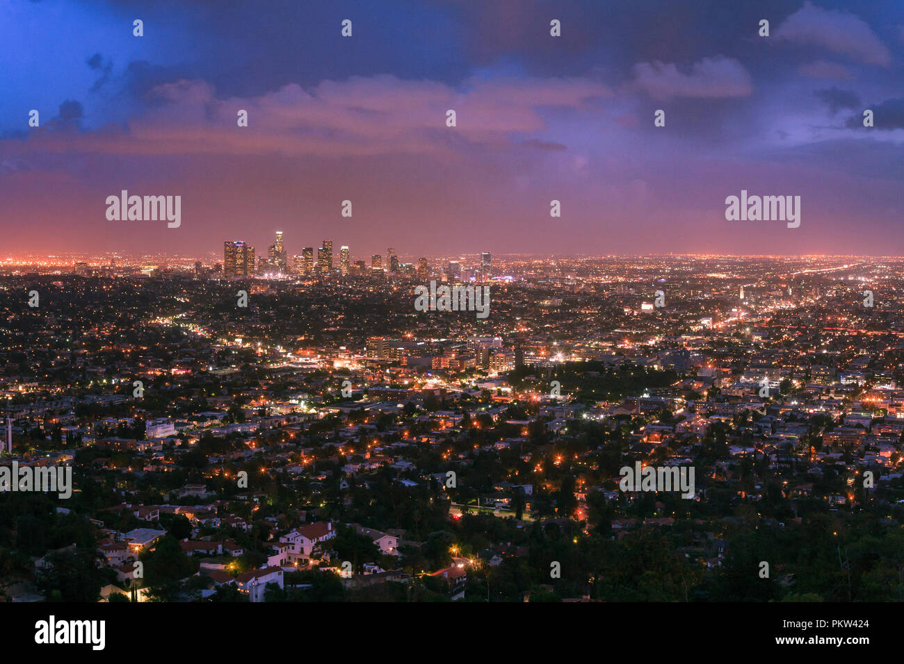 Colorful Sunset over Los Angeles Skyline seen from Griffith Observatory ...
