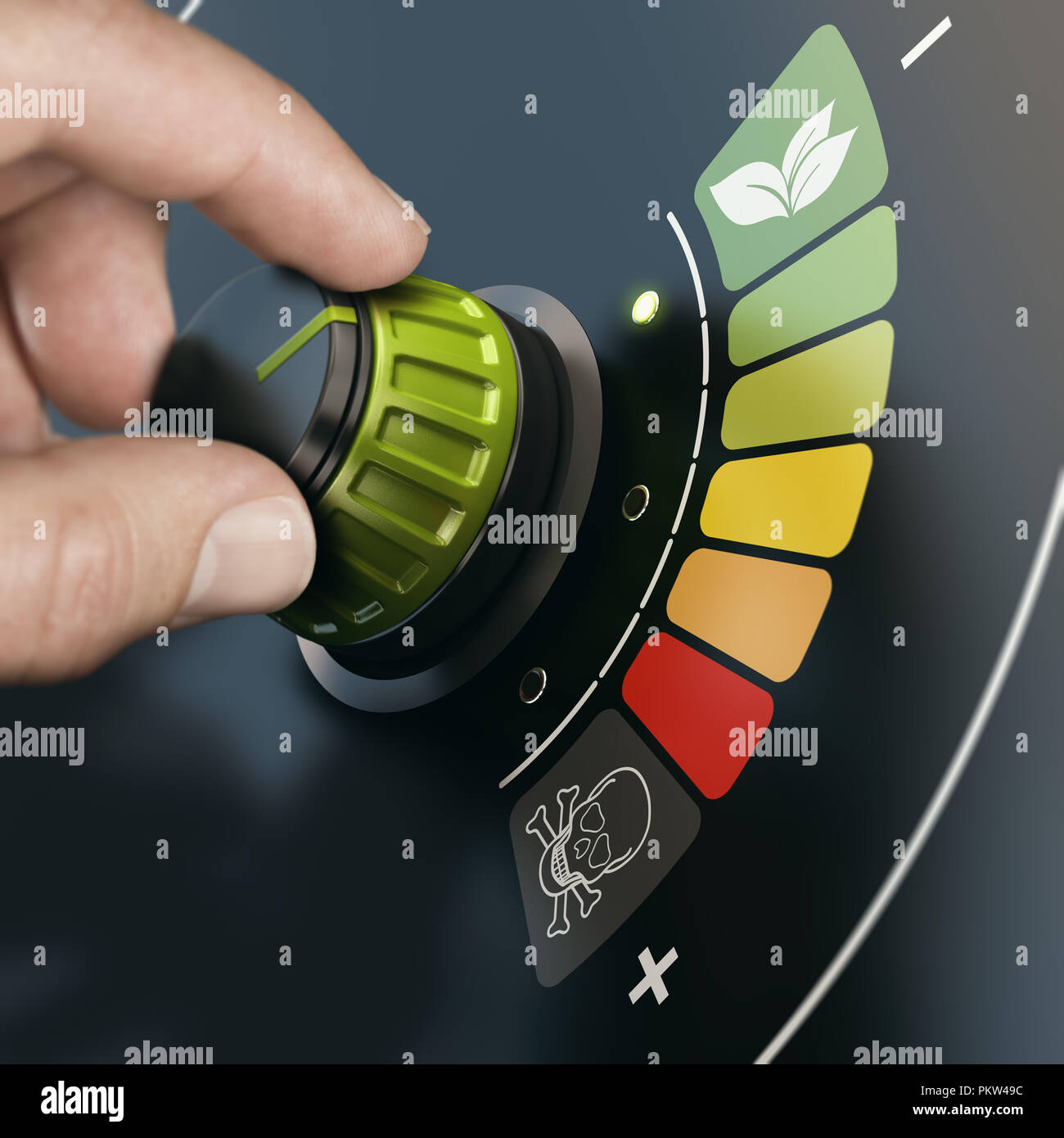 Hand turning a button to reduce chemical pesticides impact. Composite ...