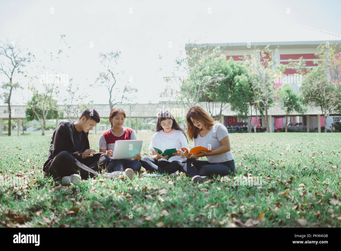 Group of student used computer and reading books on lawn. education and ...