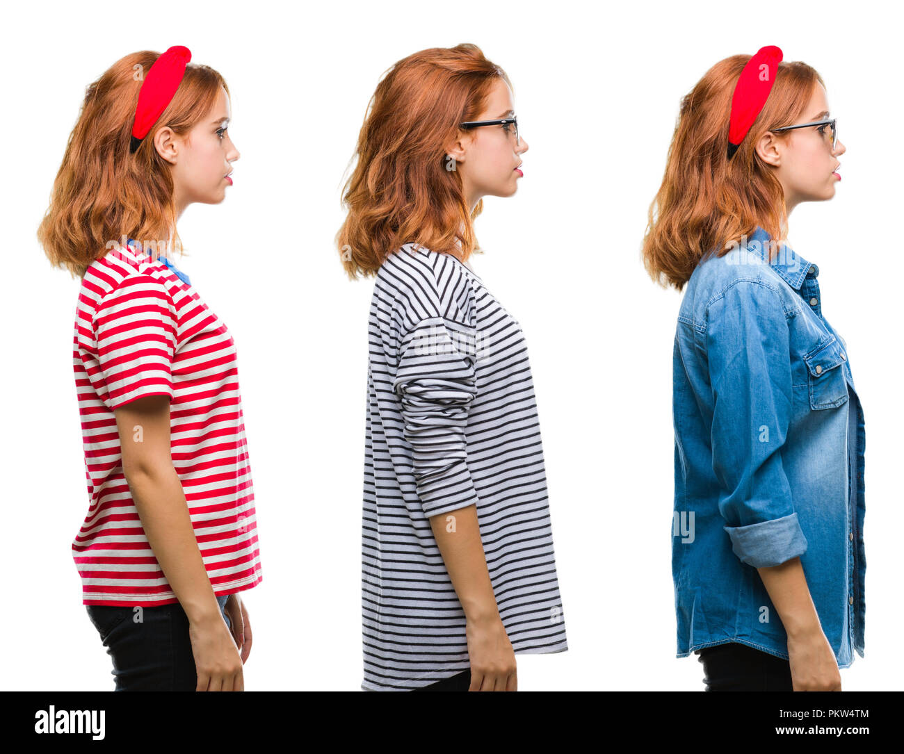 Collage of young beautiful redhead woman over isolated background ...