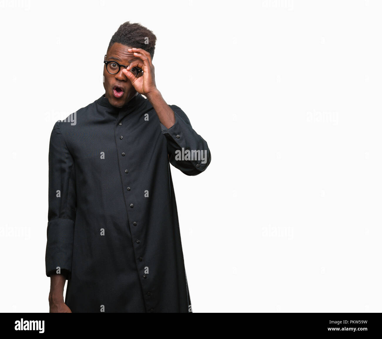 Young african american priest man over isolated background doing ok ...