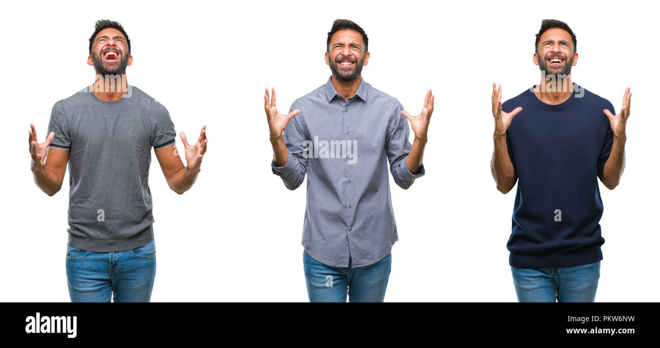 Collage of handsome young indian man over isolated background crazy and ...