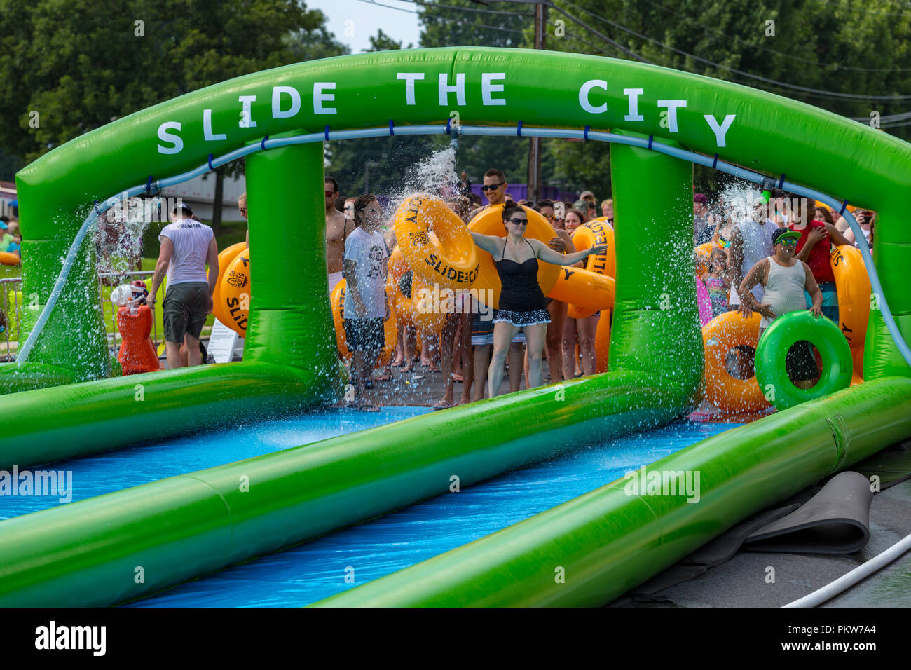 Lancaster, PA, USA - July 19, 2015: Riding a circular raft at the Slide ...