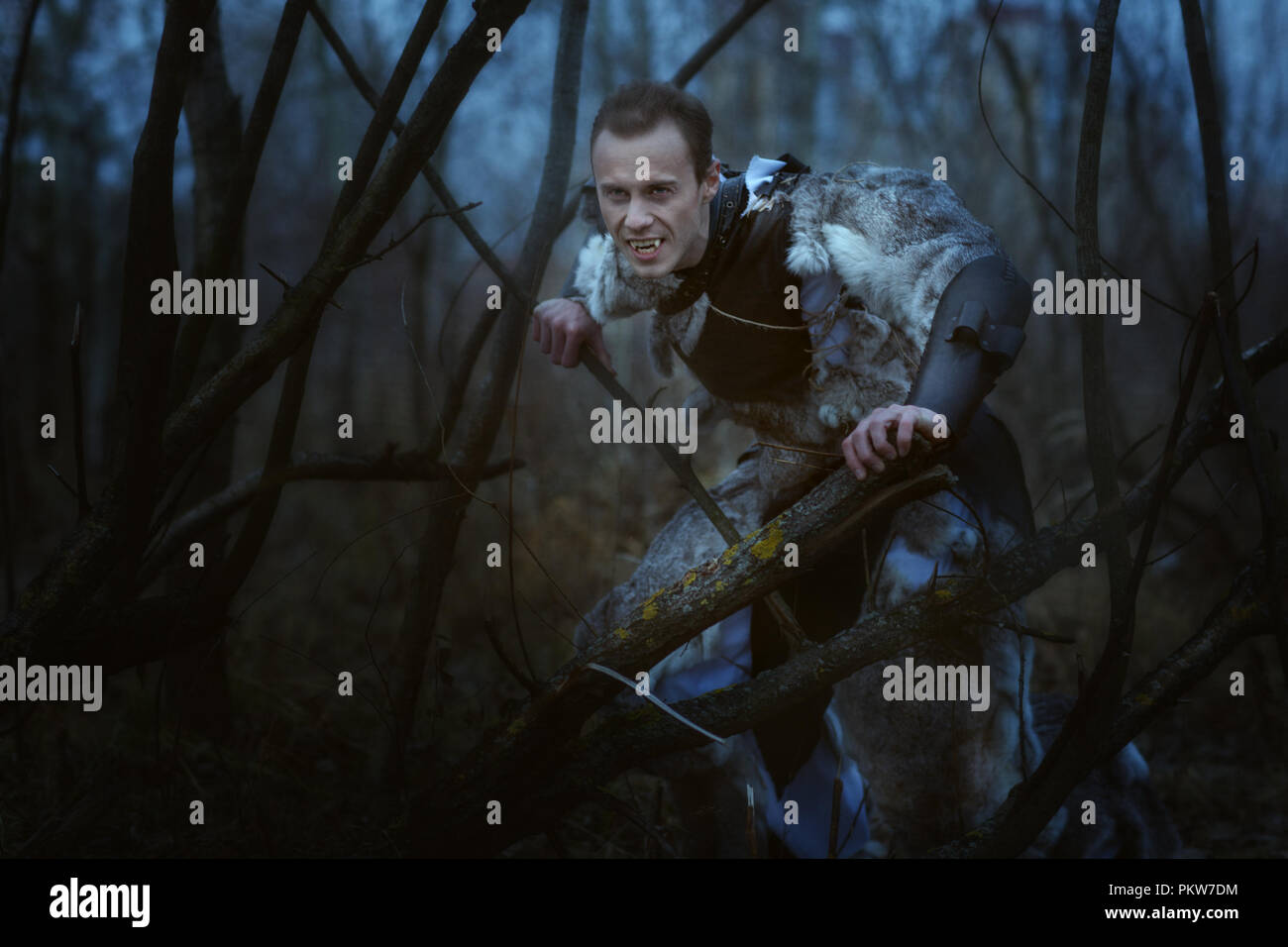 Werewolf with fangs at night in the forest among the trees Stock Photo ...