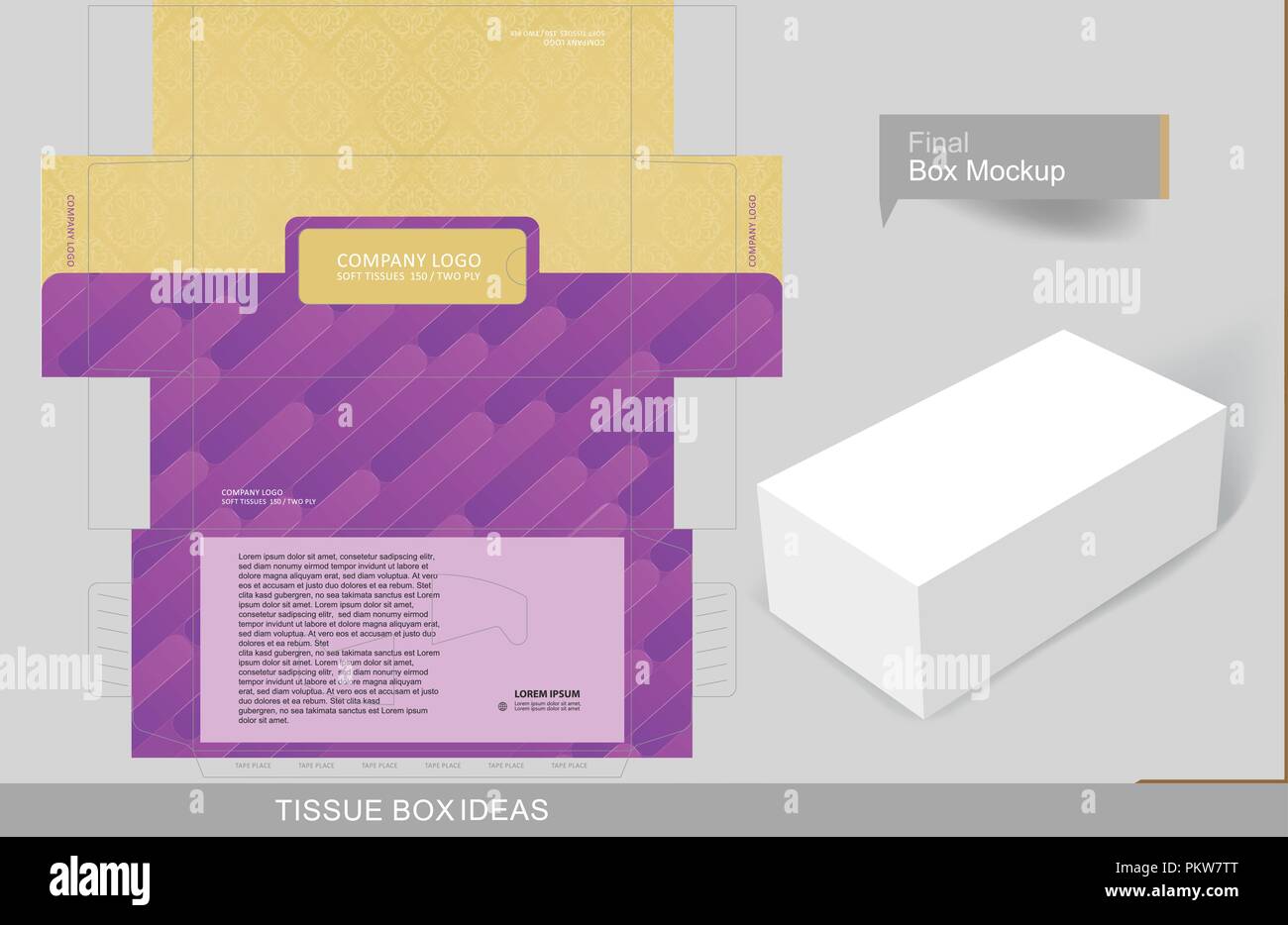 Diagonal purple shade bars on half tissue box concept, template for ...