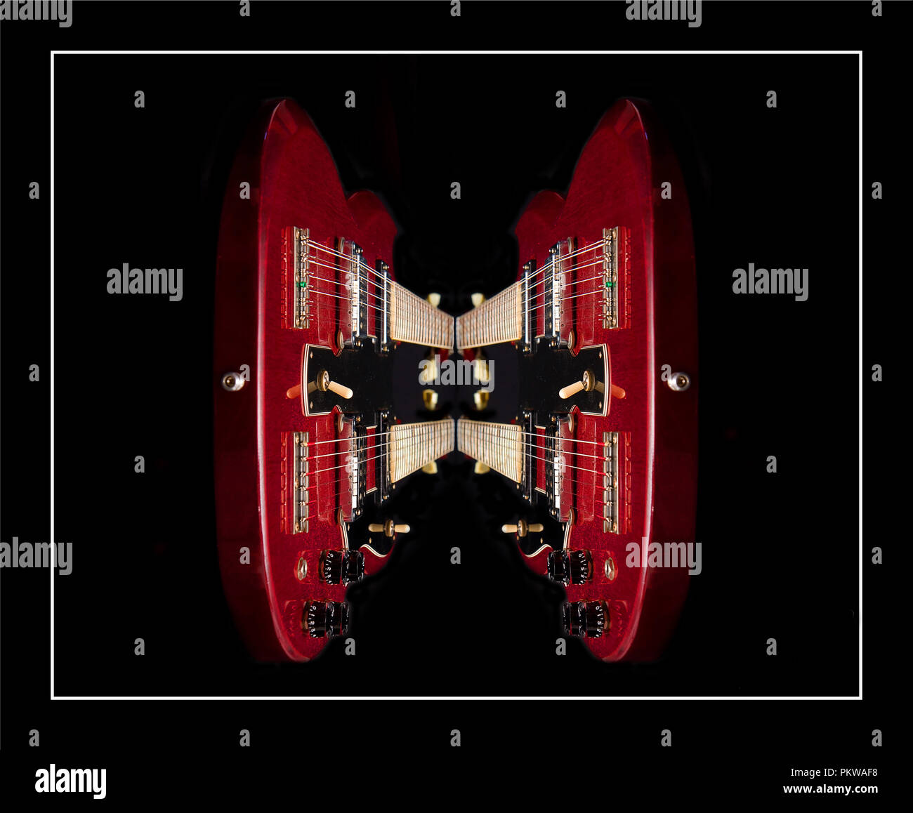 Assortment of Electric guitar images, closeup up on black background ...