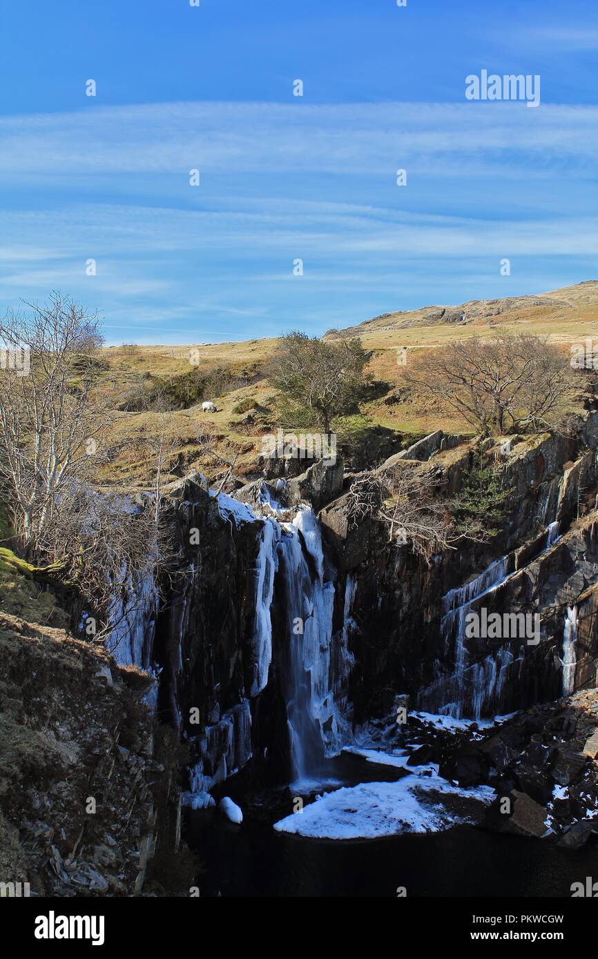 UK, Cumbria, Coniston. View towards frozen waterfall from Banishead ...