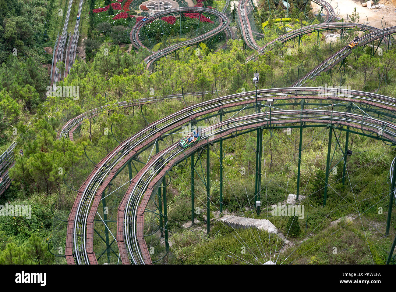 Rail downhill on a trolley in the Ba Na Hill resort at Da Nang city ...