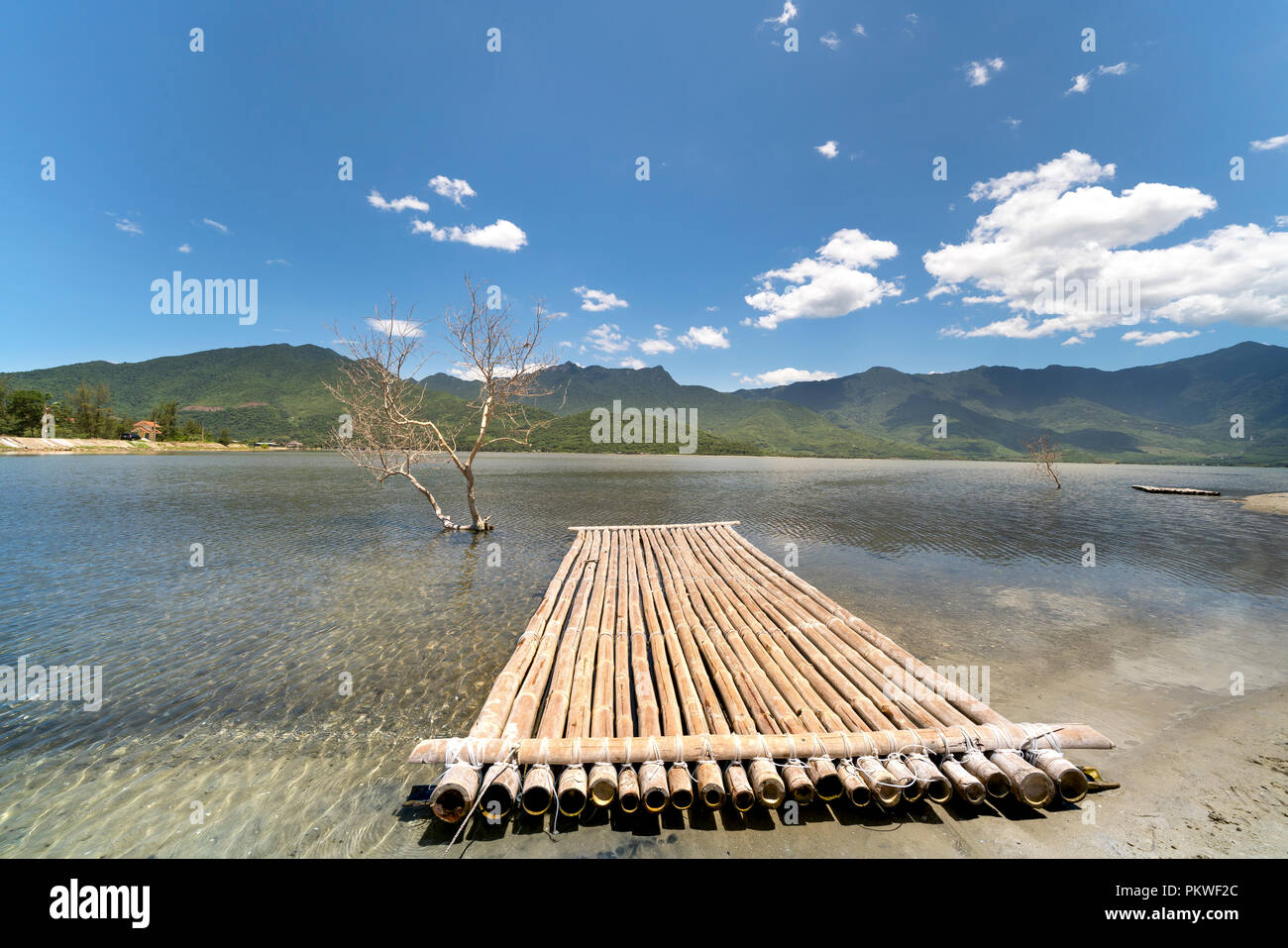 A bamboo raft in Lap An Lagoon in Lang Co Bay. Lap An Lagoon is a ...