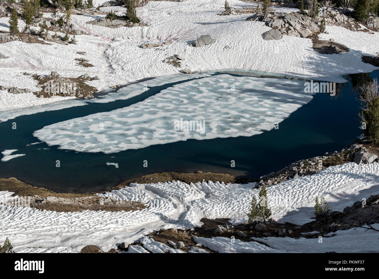 Ice floating on a sub-alpine lake in early summer, Wallowa Mountains ...