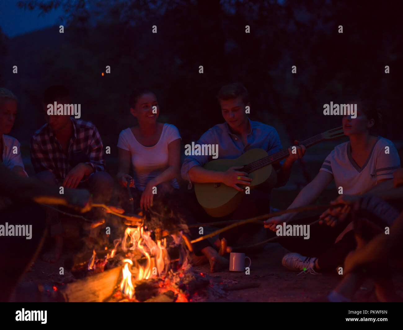 a group of happy young friends relaxing and enjoying summer evening ...