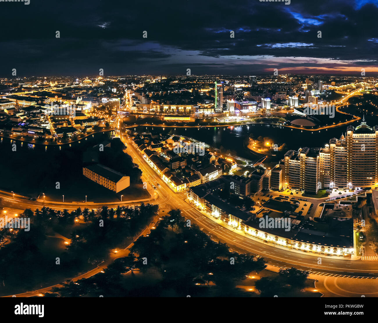 Minsk, Belarus – August 18, 2018: Night cityscape from birds eye view ...