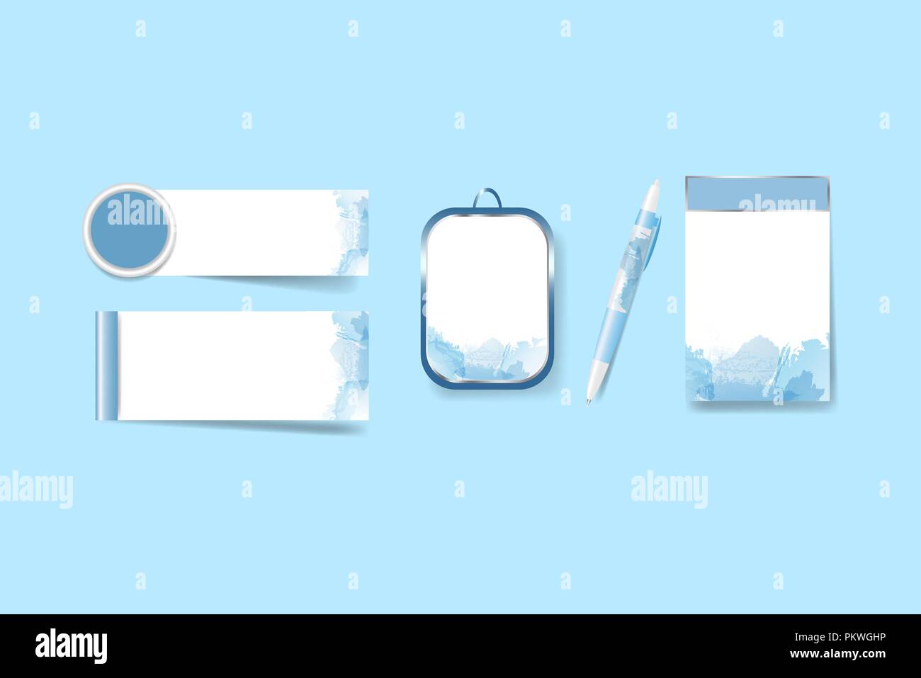 White labels, banners and pen with blue watercolor design showing water ...