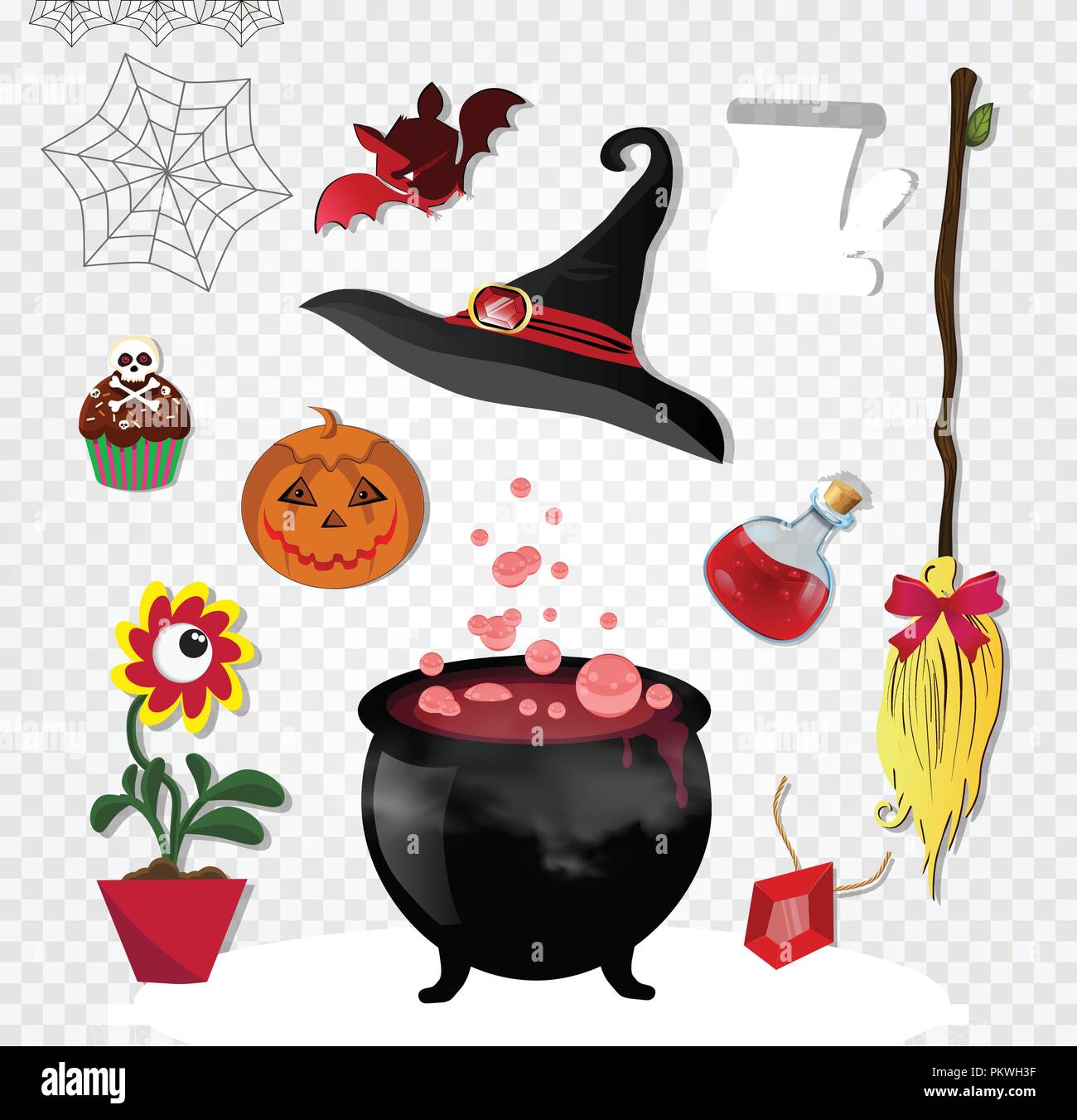 Red halloween cartoon set of various objects for witches isolated on ...