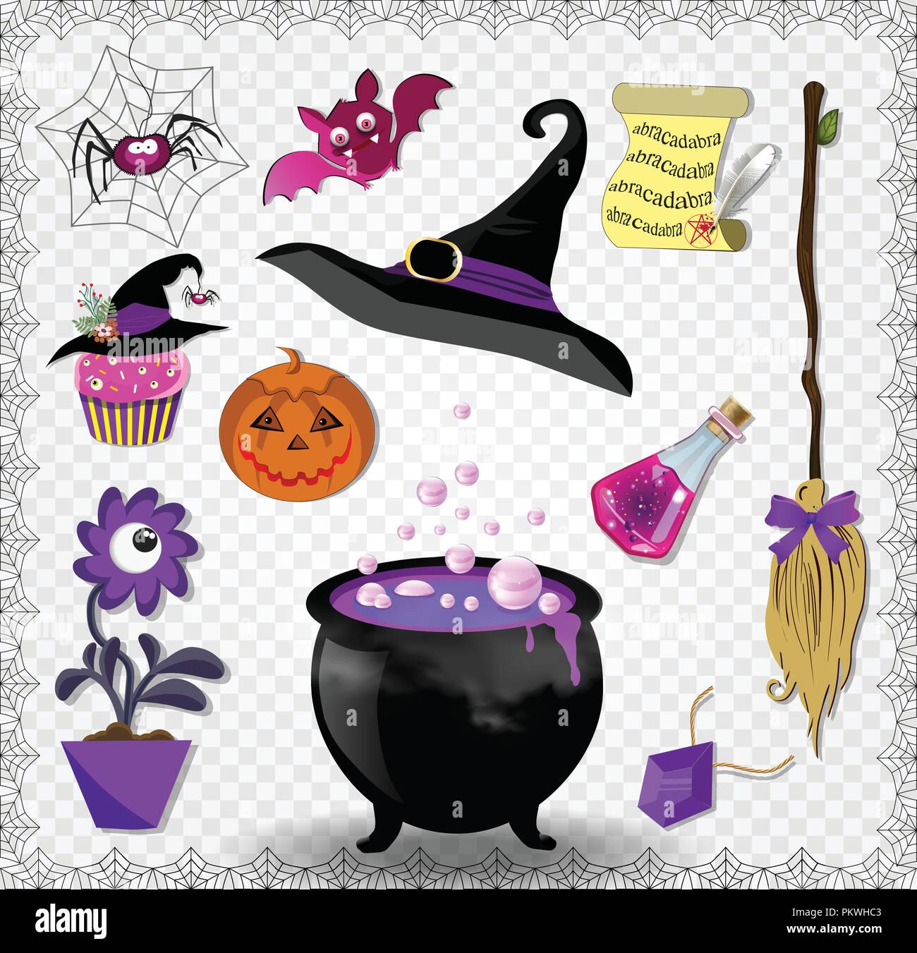 Purple halloween cartoon set of various objects for witches isolated on ...