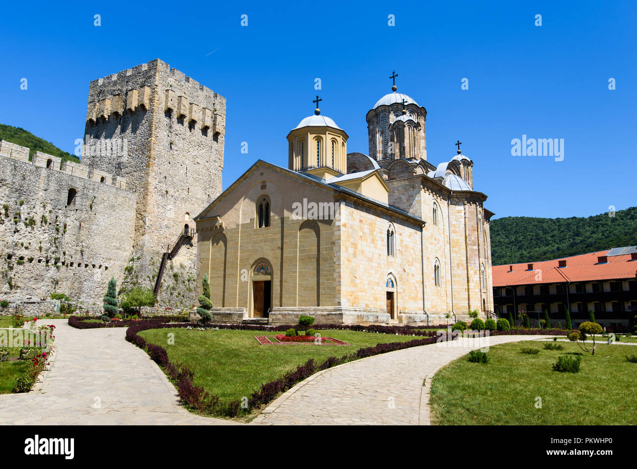 Manasija ancient monastery in Serbia, surrounded by fortress, built in ...