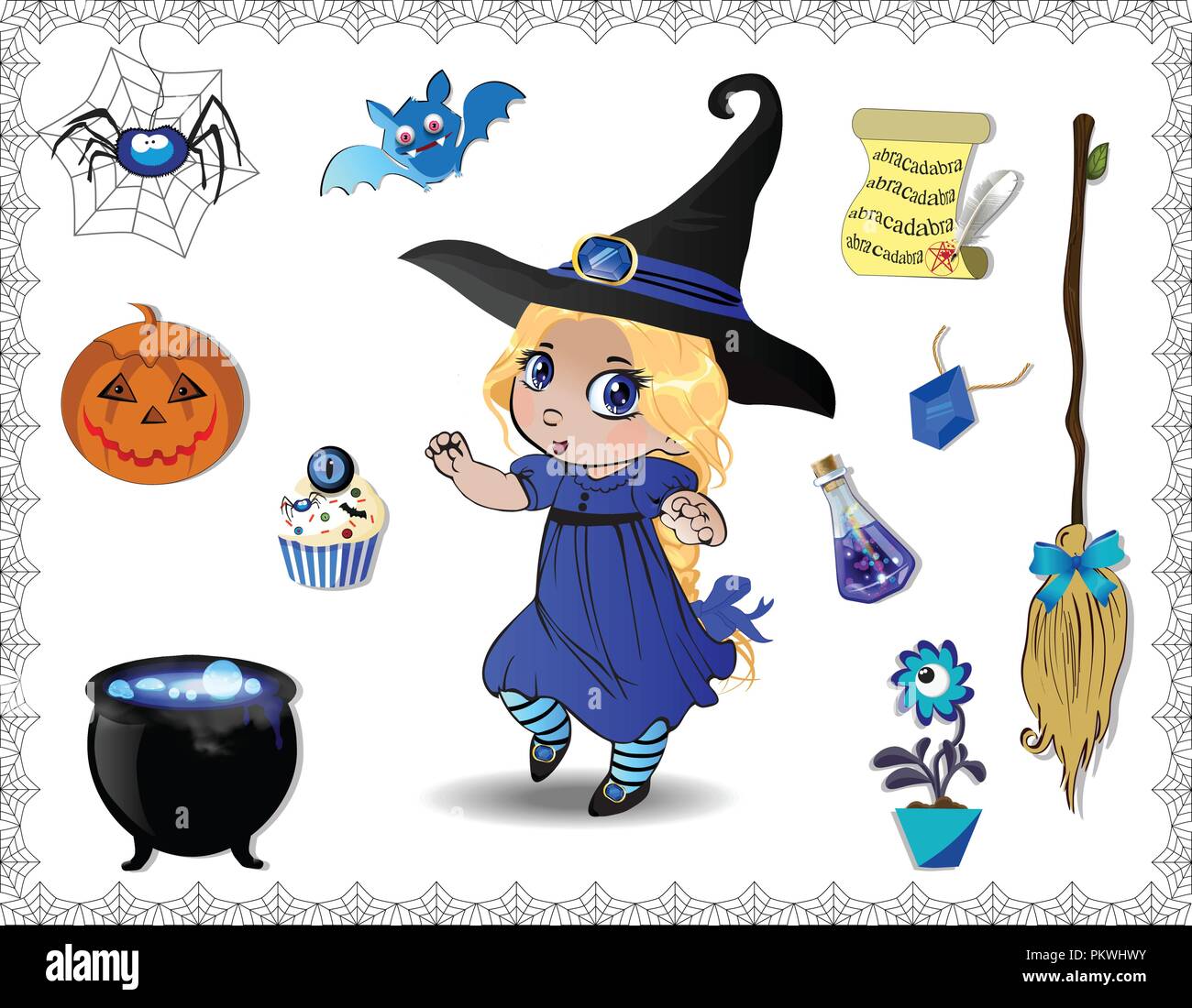 Blue halloween cartoon set of various objects for witches and cute ...