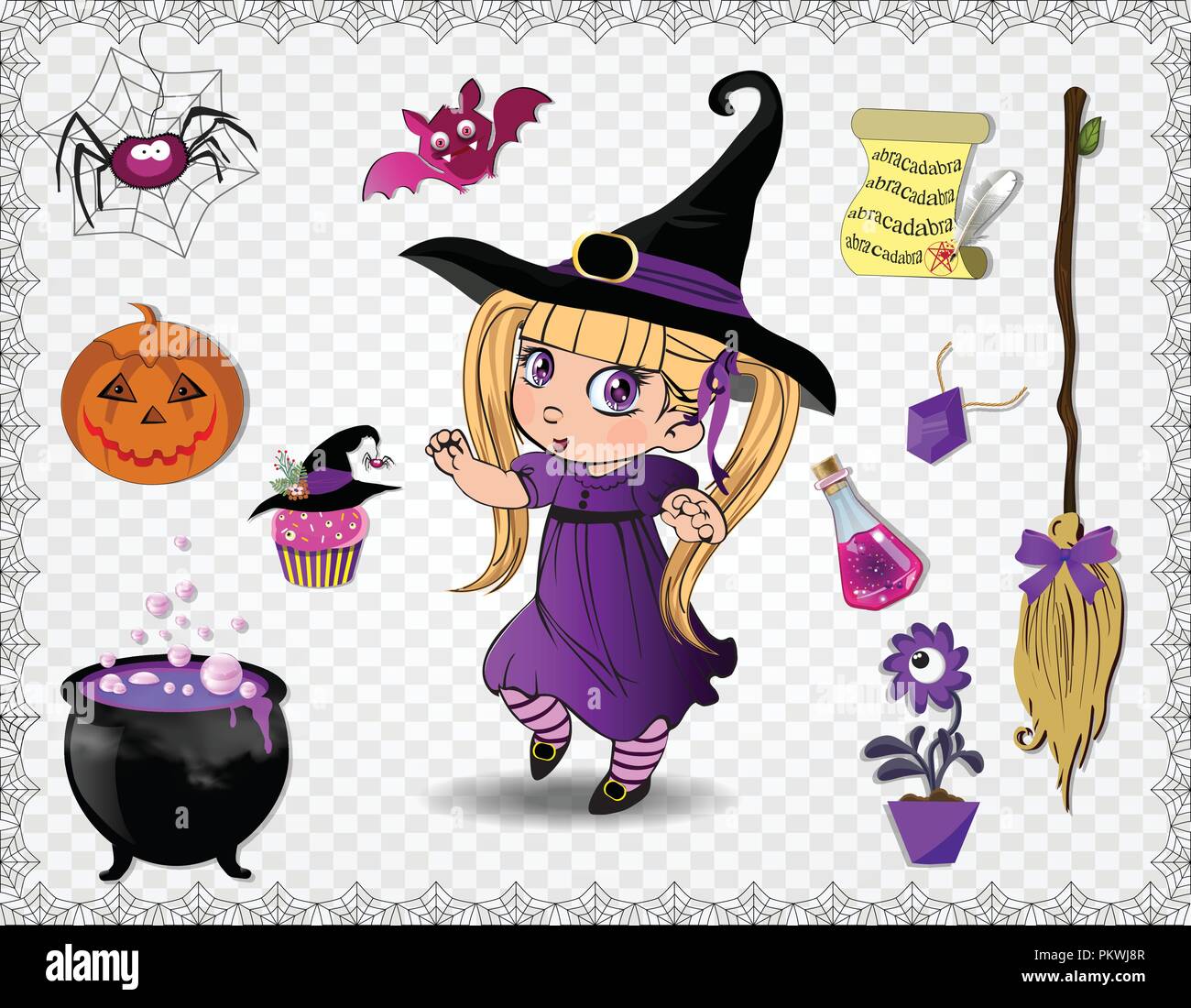 Violet halloween cartoon set of various objects for witches and cute ...