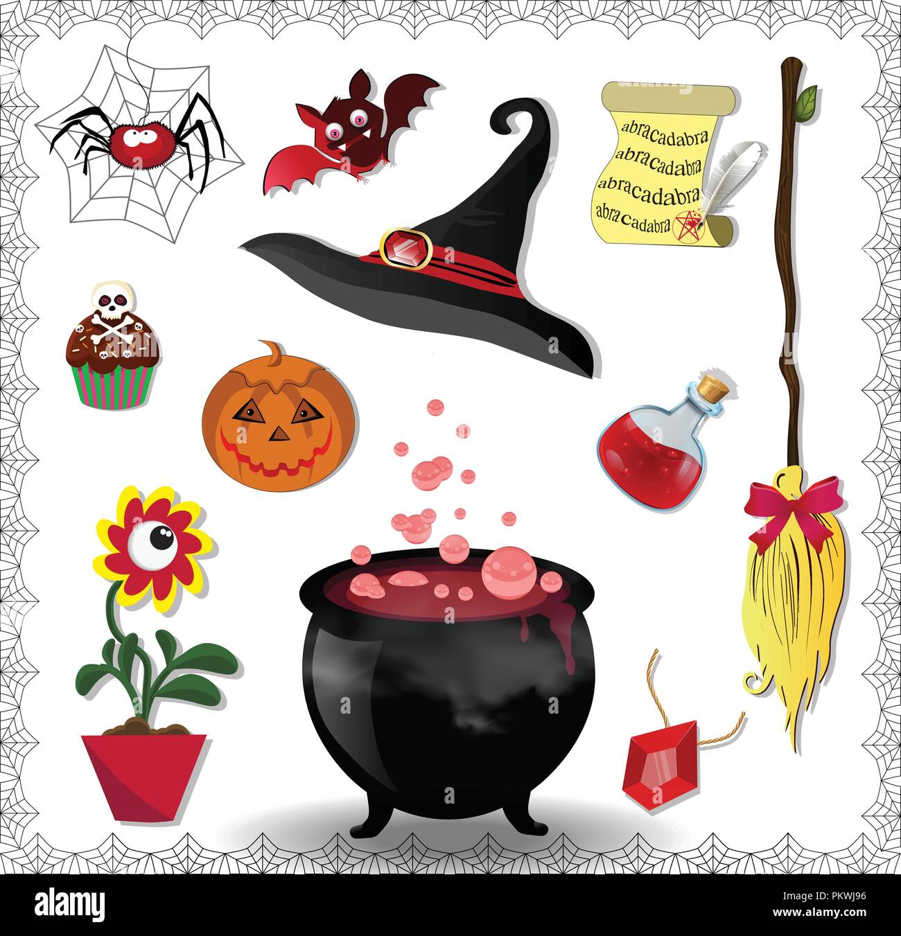 Red halloween cartoon set of various objects for witches isolated on ...