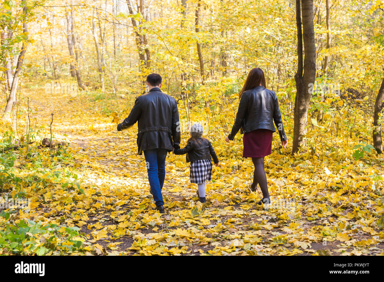 Fall, nature and family concept - family walking in autumn park, back ...
