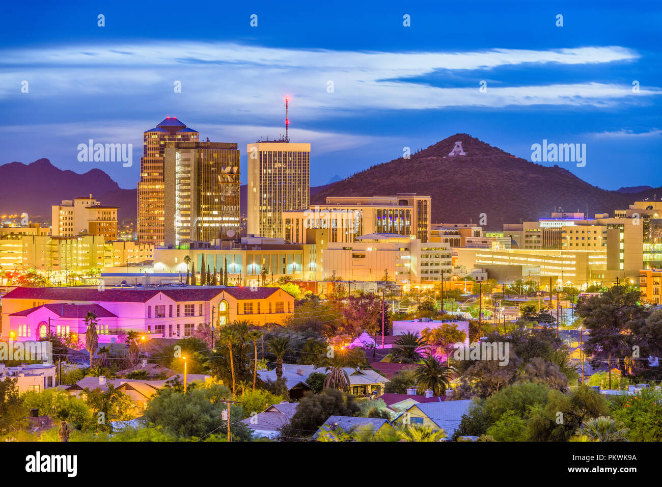 Tucson, Arizona, USA downtown skyline with Sentinel Peak at dusk ...