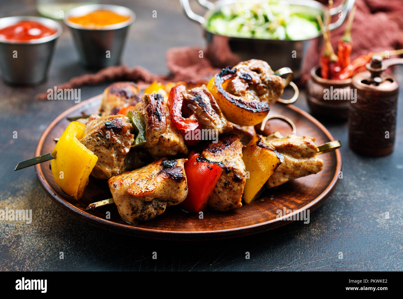 meat kebab with vegetables on plate, fresh kebab with sauce Stock Photo ...