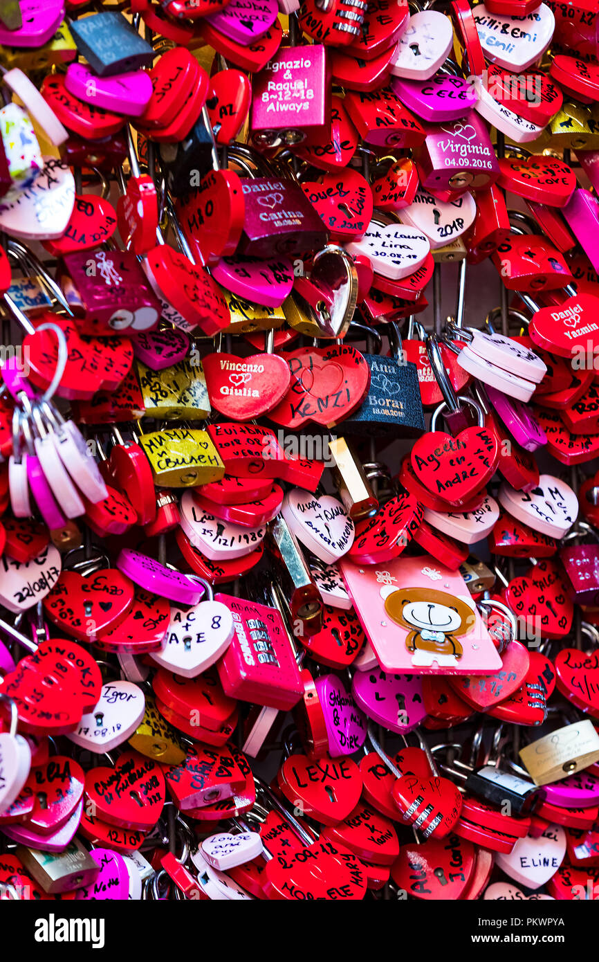 VERONA, ITALY - 4 SEPTEMBER :Locks and notes with a request for eternal ...