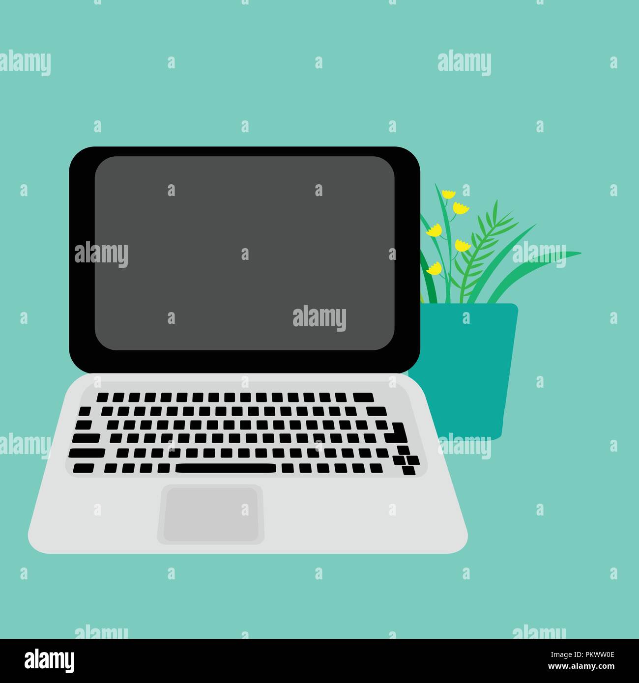Vector illustration. Open laptop and plant in a pot colored background ...