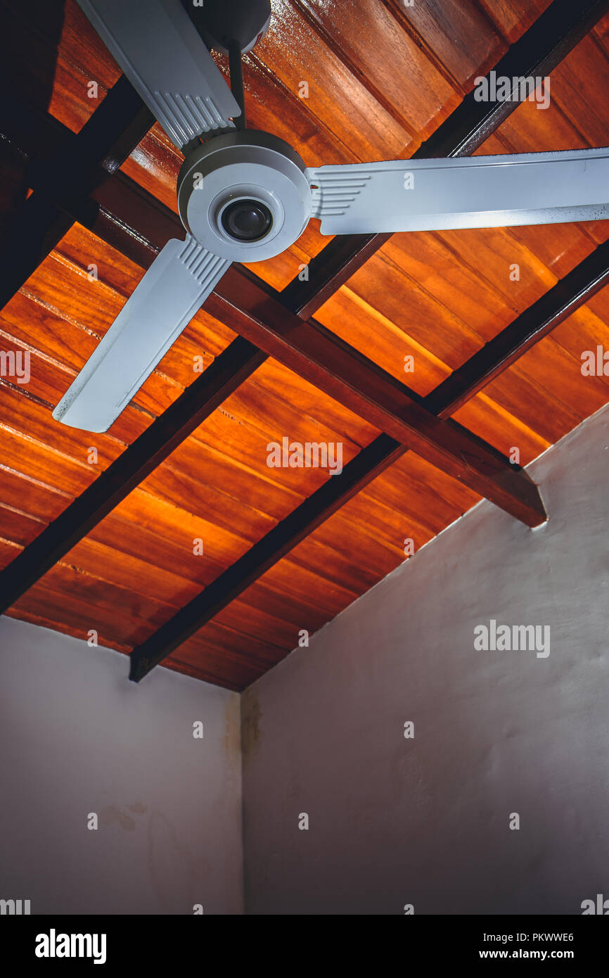Ceiling fan on the background of a brown wooden ceiling Stock Photo - Alamy