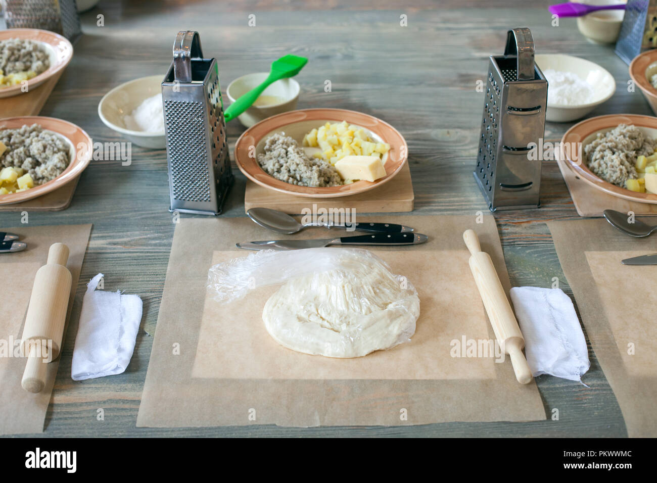 cooking class, culinary. food and people concept, desktop getting ready ...