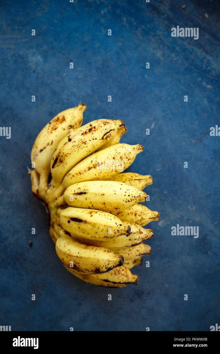 A bunch of little ripe bananas on a blue concrete background Stock ...