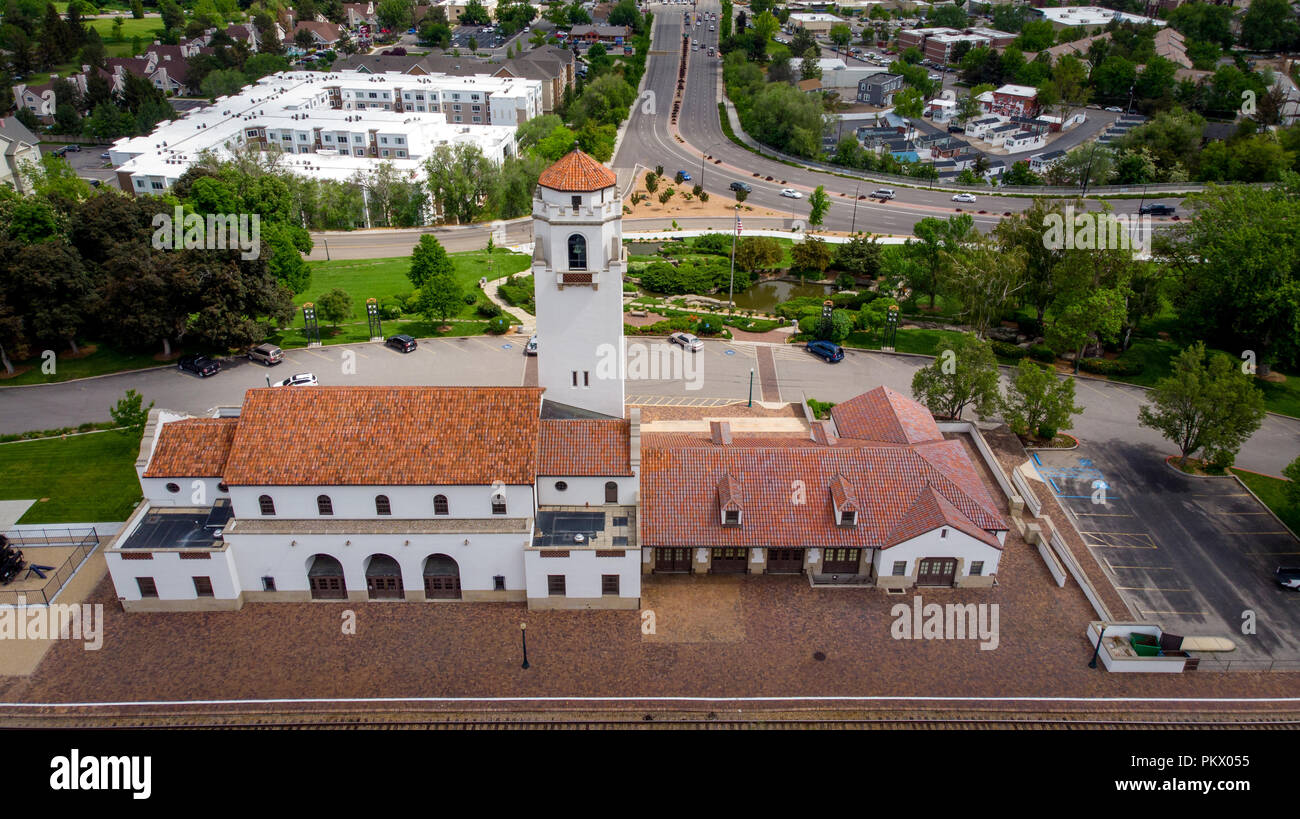 View from above of the train depot in Boise Idaho with railroad tracks ...