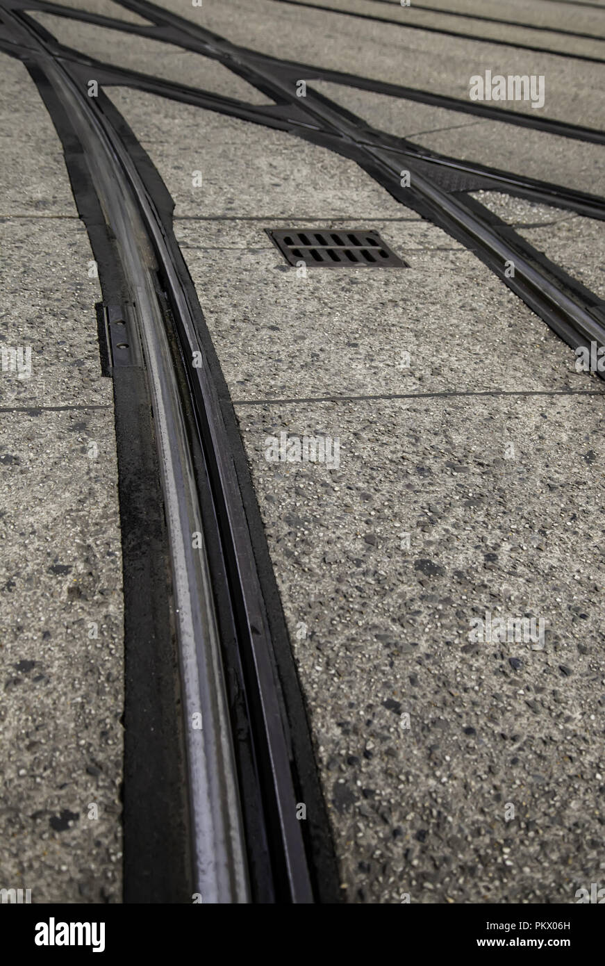 Tram rails in Ghent, detail of urban transport, tourism in Europe Stock ...