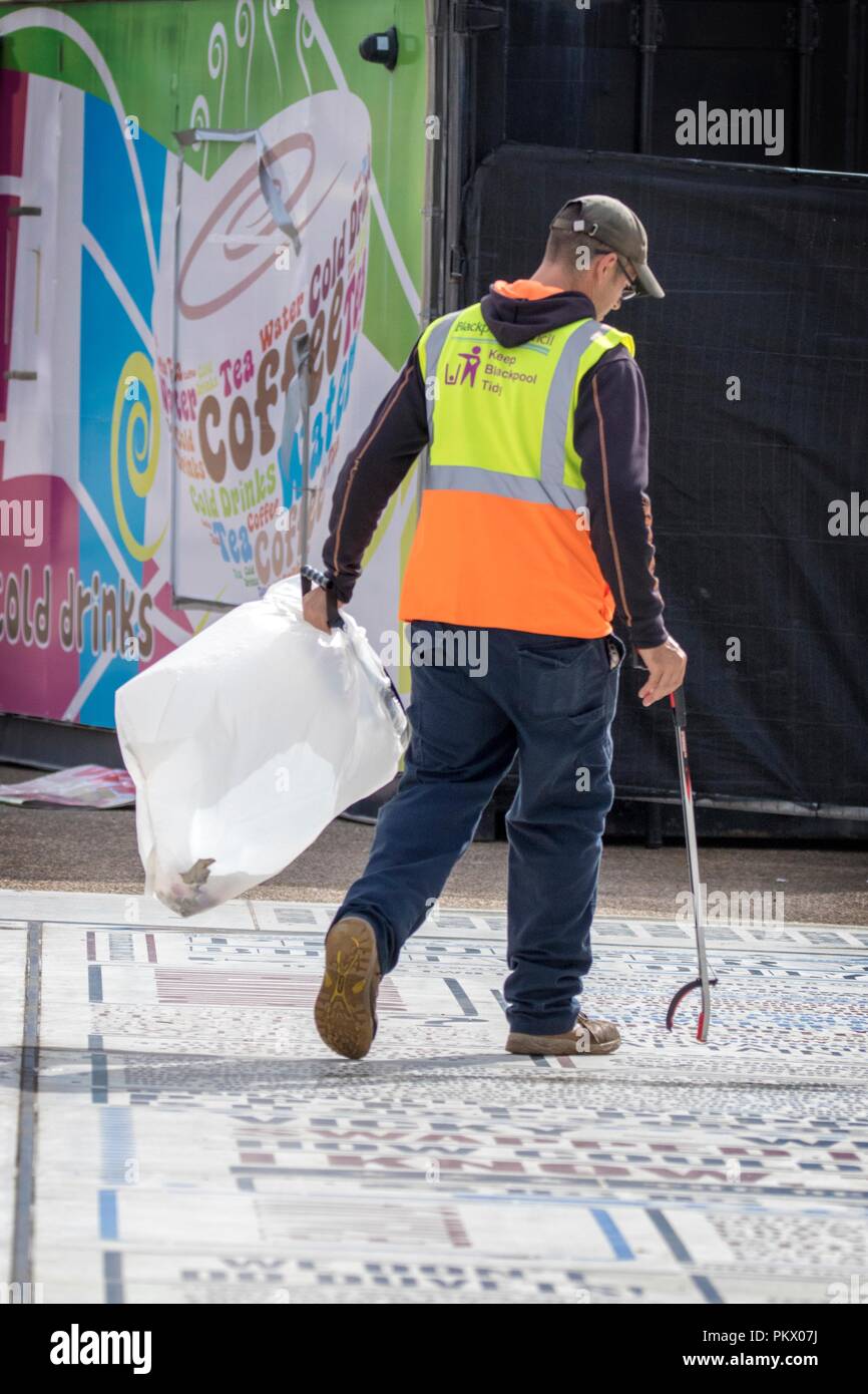 man employed job keep blackpool tidy street cleaner litter picking bin ...