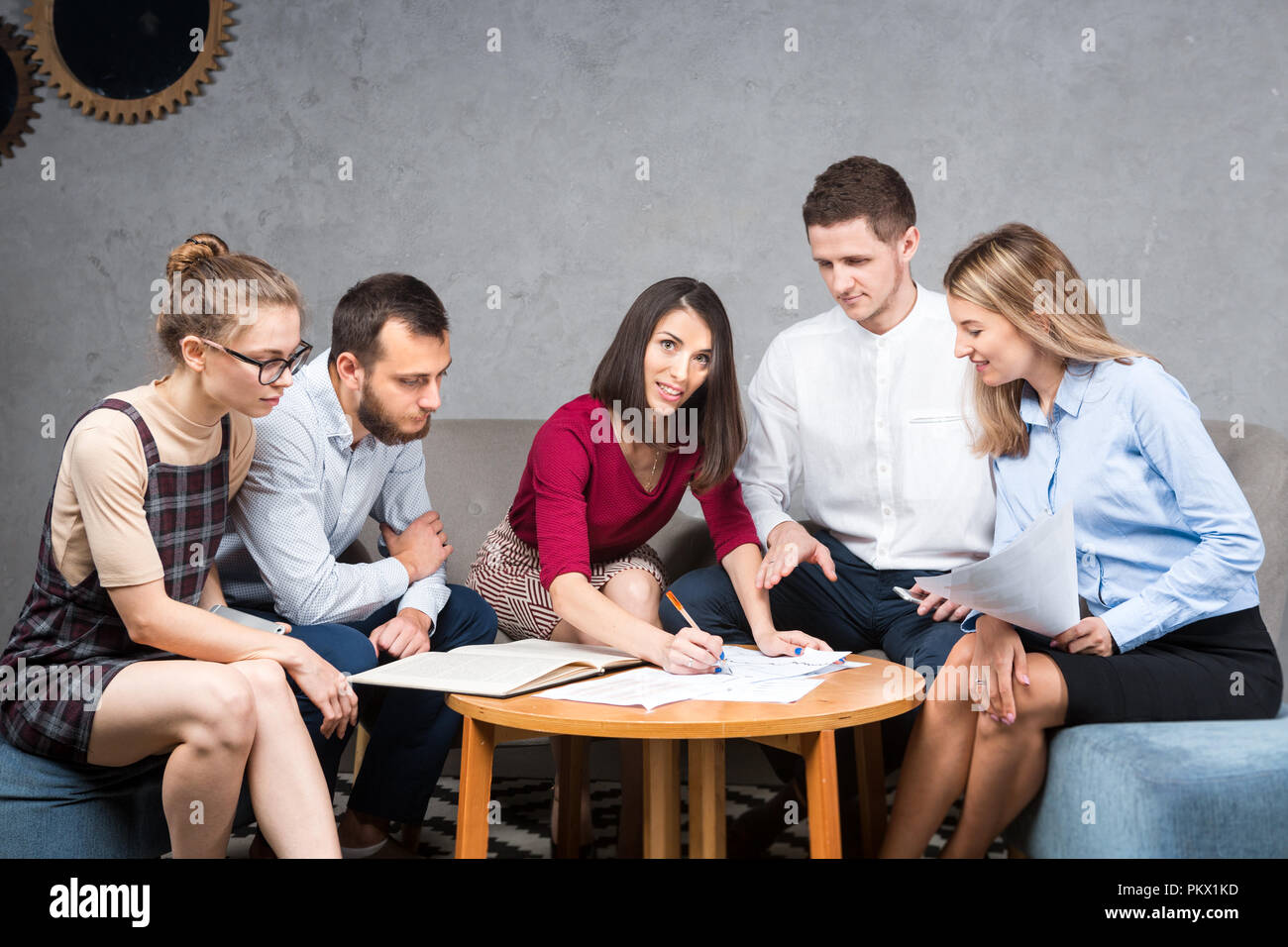 Subject business situation, teamwork. Group of young Caucasian five ...