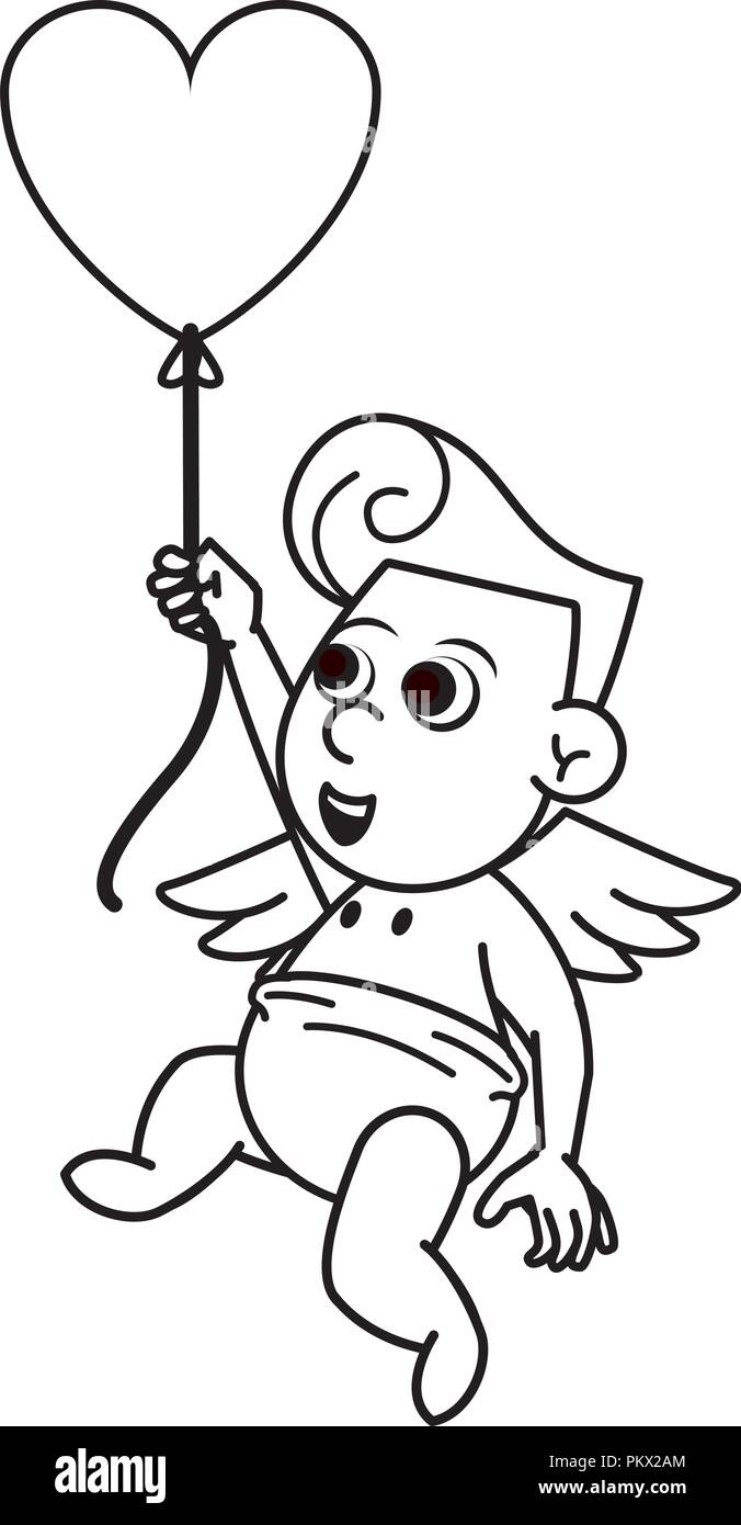 Cupid with heart shaped balloon in black and white Stock Vector Image ...