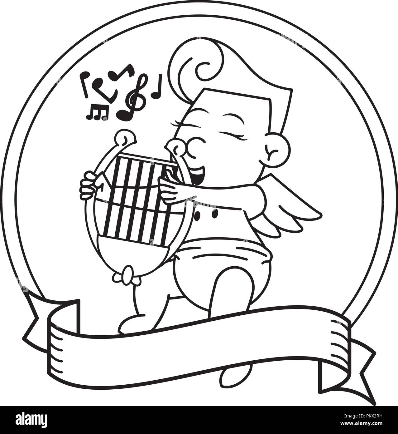 Cupid with harp on round emblem in black and white Stock Vector Image ...