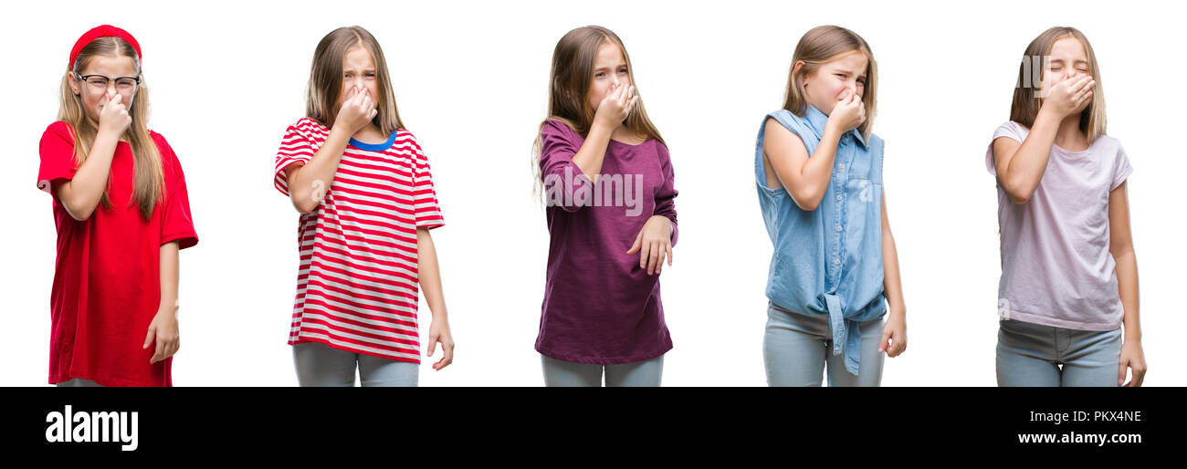 Collage of young beautiful little girl kid over isolated background ...