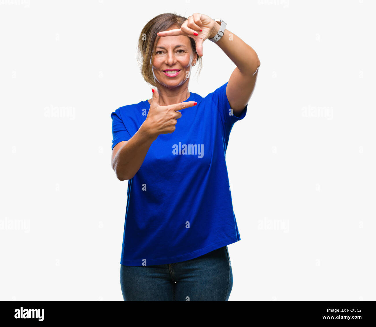 Middle age senior hispanic woman over isolated background smiling ...