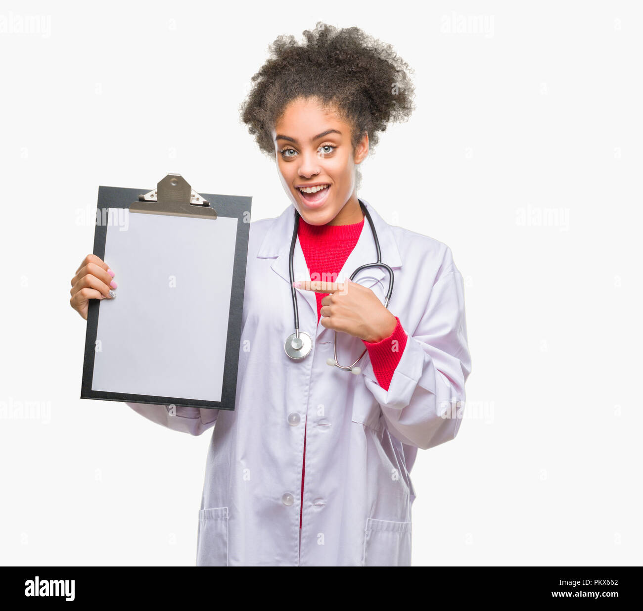 Young afro american doctor woman holding clipboard over isolated ...