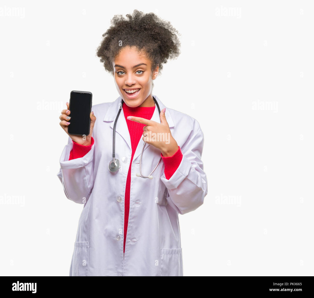 Young afro american doctor woman using smartphone over isolated ...