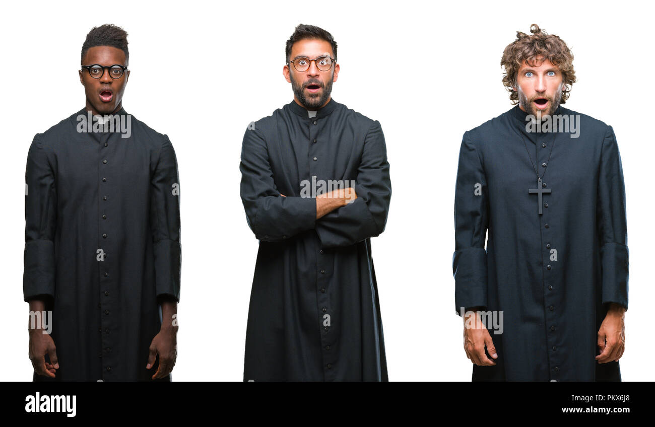 Collage of christian priest men over isolated background afraid and ...