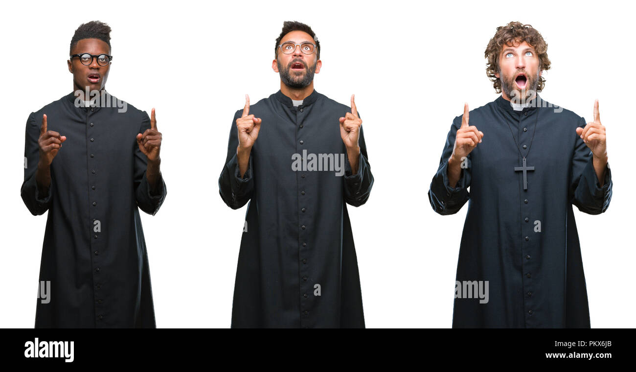 Collage of christian priest men over isolated background amazed and ...